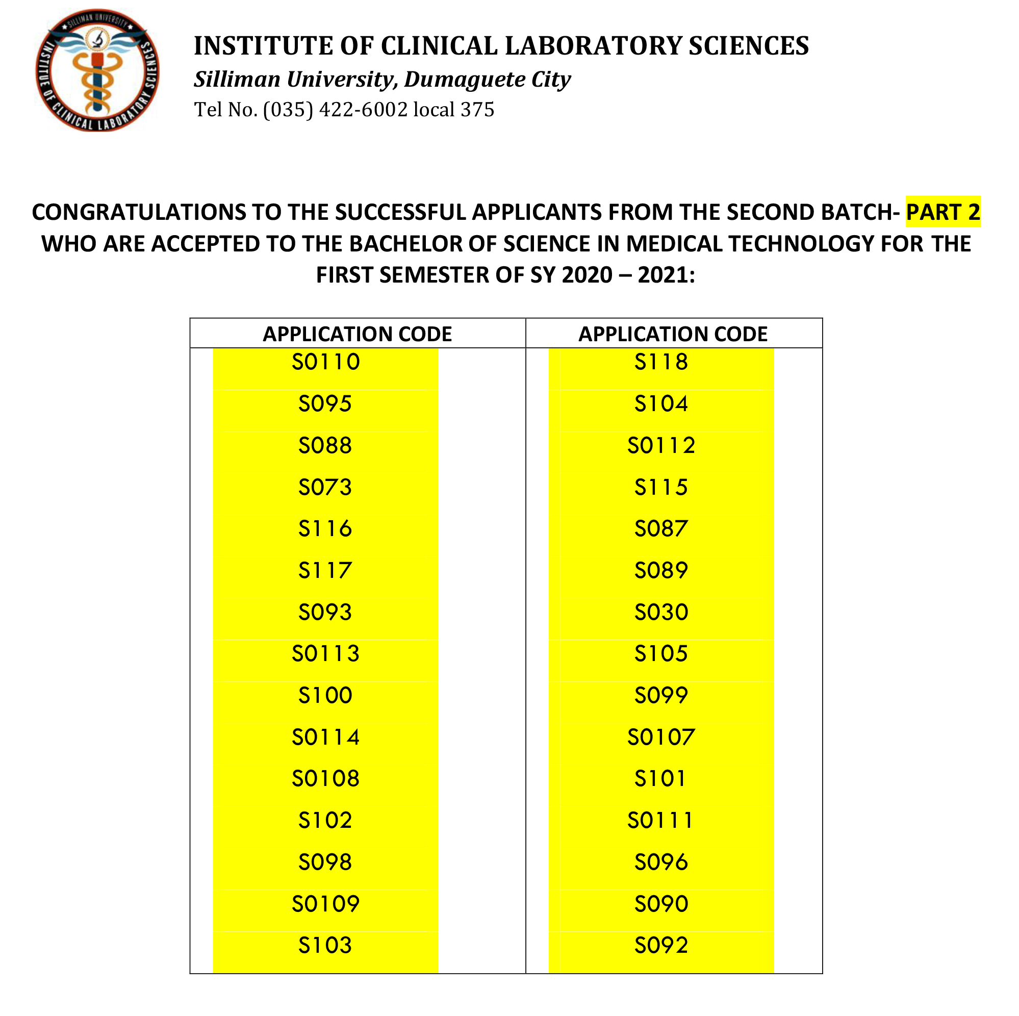 Accepted Applicants for BS MedTech Batch 2 Part 2 | Silliman University