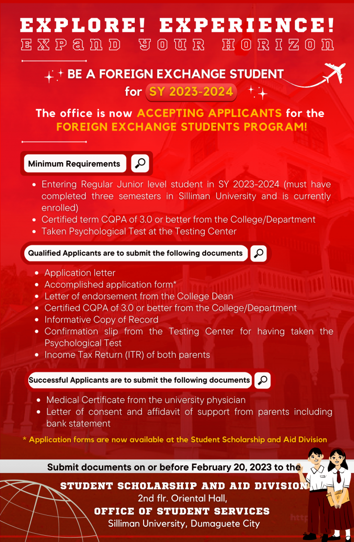 Call for Applicants: SU Foreign Exchange Students Program, SY 2023-2024 | Silliman University